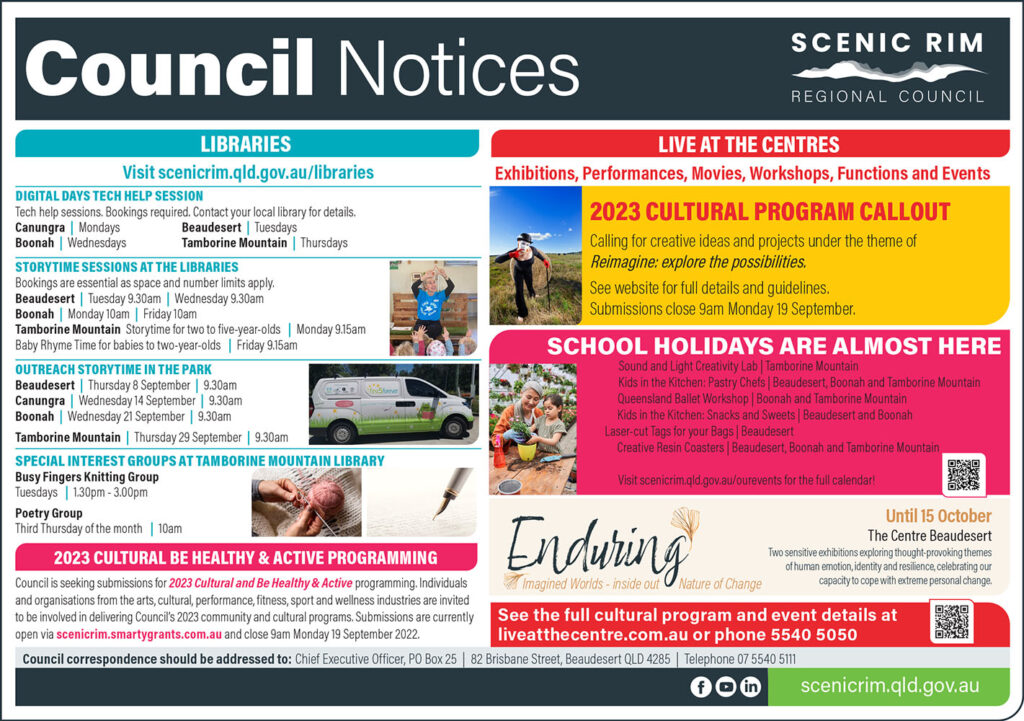 Scenic Rim Regional Council Notices - September 2022 - Tamborine Bulletin